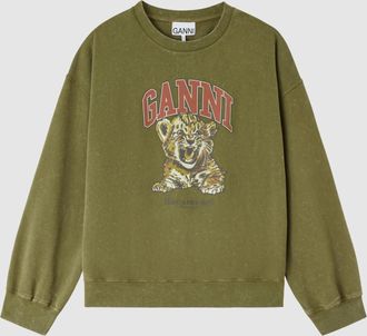 Ganni Sweatshirt Isoli Crewneck Tiger Print Military Olive