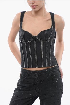 Off-white Rhinestoned Denim BLING Bustier Top size 46