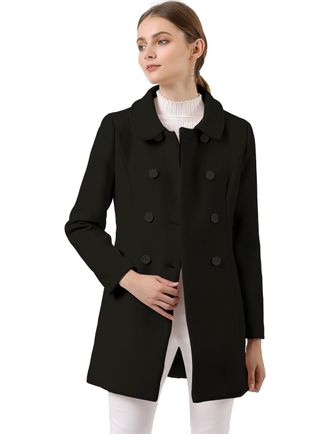 Allegra K Damen Peter Pan Kragen Zweireihiger Winter Long Trench Pea CoatSchwarz M