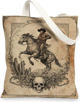 Generic Sacs fourre-tout vintage en toile, motif cheval de cow-boy, sacs de courses réutilisables, rustiques, légers et lavables, sacs en toile pour salle de 