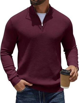 Coofandy Pull Homme en Tricoté 1/4 Zip Pulls á Col Montant Manches Longues Pull en Maille à Col Haut Pullover 1/4 Zippé Turtleneck Sweater à Fermeture Rouge fo
