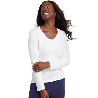Hanes Damen Originals Long Sleeve Cotton T-Shirt, Lightweight V-Neck Tee, Modern Fit Hemd, Weiss/opulenter Garten, X-Gro&szlig;
