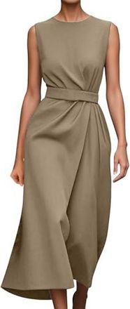 Generic &Eacute;l&eacute;gante robe midi unie sans manches pour femme 2025 robe d&eacute;t&eacute; robe de m&egrave;re de No&euml;l pour femme, kaki, XXL