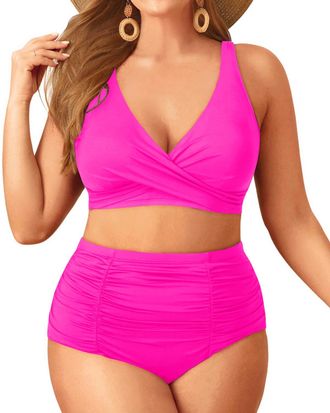 Holipick Zweiteiliger Badeanzug in &Uuml;bergr&ouml;&szlig;e f&uuml;r Damen, hohe Taille, Bikini, Bauchkontrolle, Badeanz&uuml;ge, Twist-Front-Badebekleidung, Knallpink (Hot Pink), 22 P