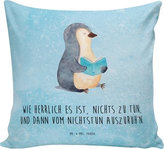 Mr. & Mrs. Panda Sofakissen Pinguin Buch - Geschenk, nichtstun, Kissen 40x40, Kissenhülle 40x40, Lesen, Kopfkissen 40x40, Pinguine, Freizeit