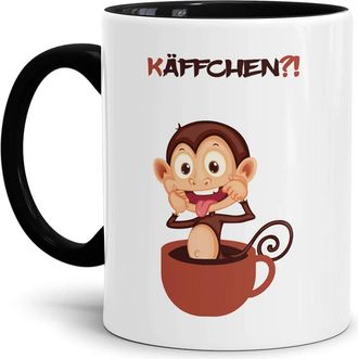 Tassendruck Kaffee-Tasse mit Spruch: Käffchen AFFE/Smiley/Affen-Kopf/Lustig/Witzig/Spaßig/Mug/Cup/Innen & Henkel Schwarz
