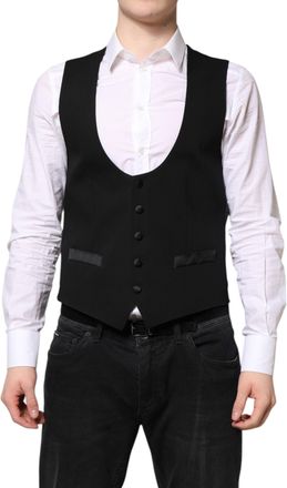 Dolce & Gabbana Mens Black Wool Waistcoat Dress Formal Vest Virgin Silk Viscose