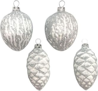 Thüringer Glasdesign Zapfen und Nüsse Set 004-01010-1233 | 4-TLG. | ca. 6cm - Weiß - Christbaumschmuck Weihnachtsbaumschmuck Elegant Edel Tannenzapfen Walnüsse