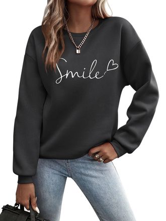 Minetom Pullover Damen Herbst Winter Sweatshirt Rundhals Langarm Pulli Frauen Oberteil Sweatshirts ohne Kapuze A Schwarz XXL