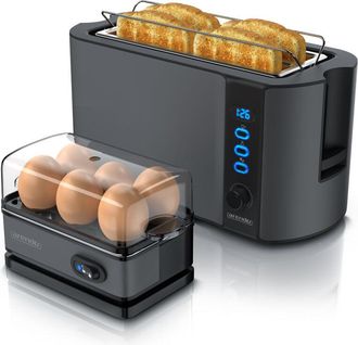 Arendo 2-teiliges Fr&uuml;hst&uuml;cksset - 4-Scheiben Langschlitz Toaster, 6er Eierkocher, Grau - Arendo