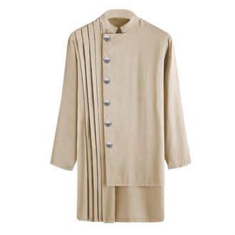 Generic Chemise en lin &agrave; manches longues pour homme - Chemise en lin - Robe musulmane en coton - Chemise &agrave; col boutonn&eacute; - Coupe ajust&eacute;e - T-shirt long pour ho