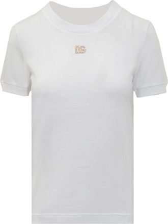 Dolce & Gabbana Femme, Tops, Blanc, Taille: 34 FR T-shirt en jersey avec logo DG en m&eacute;tal