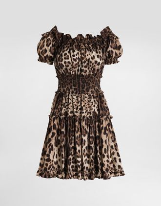 Dolce & Gabbana Kurzes Kleid Aus Popeline Leoprint - Frau Kleider Animalprint 46
