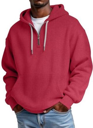 Generic Sweat &agrave; capuche &agrave; manches longues pour homme avec demi-fermeture &eacute;clair et bouton pour temps froid, rose vif, 5XL