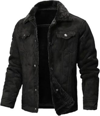 Generic Manteau dhiver en daim pour homme - Veste polaire chaude épaisse - Manteau décontracté pour homme - Blouson bomber en cuir, Noir, L
