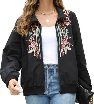 JD Williams Mexico Veste d&eacute;contract&eacute;e brod&eacute;e pour femme Style boh&egrave;me Automne Hiver Col montant Manches longues Cardigan, 744-Noir, L