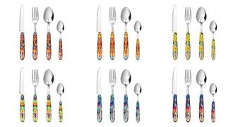 Excelsa Mexican Flower Set de 24 couverts multi-d&eacute;cor, en acier inoxydable, poign&eacute;e en plastique