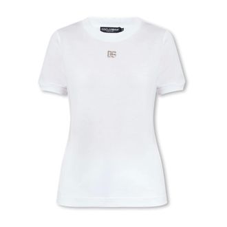 Dolce & Gabbana Femme, Tops, Blanc, Taille: 36 FR T-shirt en coton avec logo en cristaux