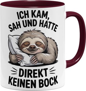 OM3 lustige Faultier Kaffee-Tasse mit mit Spruch - Ich kam sah und hatte direkt keinen Bock - Morgenmuffel & Chiller Keramik Becher - 325ml - Beidseitig B