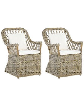 Beliani Gartensessel mit hoher Lehne Rattan nat&uuml;rlich 2er Set Auflagen wei&szlig; Boho Maros
