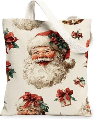 Generic Sacs fourre-tout en toile de No&euml;l, motif P&egrave;re No&euml;l vintage, sacs de courses r&eacute;utilisables, vacances festives, toile l&eacute;g&egrave;re et lavable pour cadeaux, f&ecirc;
