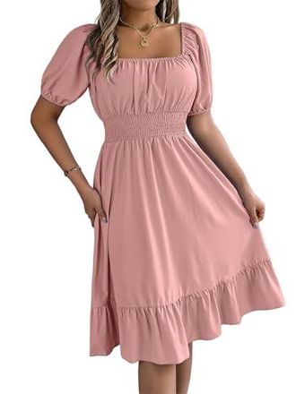 Generic Robe d&eacute;t&eacute; d&eacute;contract&eacute;e &agrave; manches bouffantes avec col carr&eacute;, manches courtes, taille ajust&eacute;e, ourlet &agrave; volants, robe d&eacute;t&eacute; midi trap&egrave;ze, rose, XL