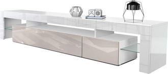 Vladon Lowboard Lima V2, Made in Germany, TV-Kommode mit 2 Klappen, 1 offenem Fach und 2 Glasablagen, Weiß Hochglanz/Sandgrau Hochglanz (189 x 38 x 35 cm)