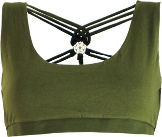 Guru Shop Goa Psytrance Bikini Top, Boho Top, Pixi Yoga Top - Olivgrün, Damen, Baumwolle, Size:L