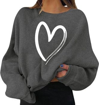 Generic Pull &agrave; manches longues et col rond imprim&eacute; graphique pour femme pour la Saint-Valentin 2026, gris fonc&eacute;, XL