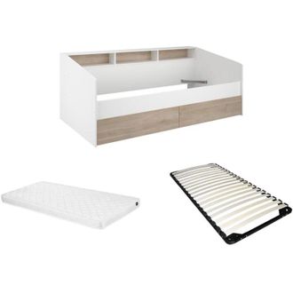 Vente-Unique Lit 90 x 190/200 cm avec rangements - Blanc et naturel + Sommier + Matelas - PAULETTE