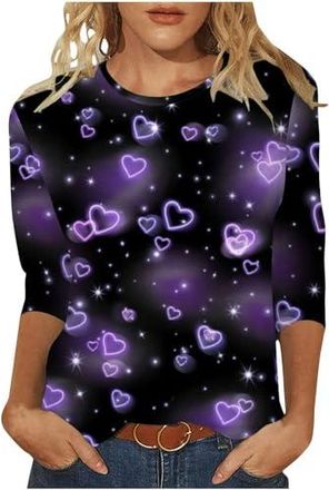 Generic 2026 Saint-Valentin femmes automne et hiver d&eacute;contract&eacute; mode col rond impression Saint-Valentin t-shirt &agrave; manches trois quarts, violet, XXL