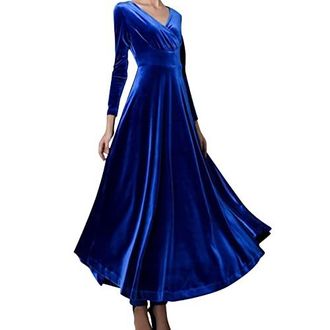 Generic Robe en velours pour femme - Robe maxi grande taille pour invit&eacute;es de mariage - Robe corset &agrave; manches longues pliss&eacute;es - Jupe &agrave; ourlet large - &Eacute;paules