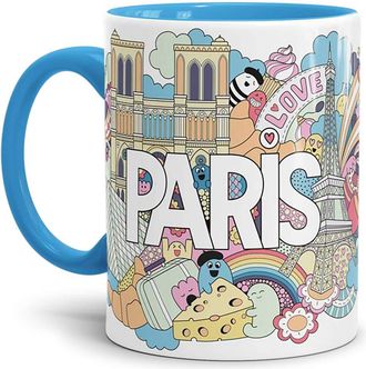 Tassendruck Paris-Tasse Comic-Style - Kaffeetasse/Mug/Cup/Innen und Henkel Blau - Qualität Made in Germany