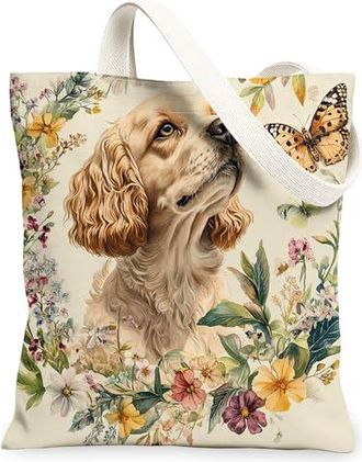 Generic Sac fourre-tout en toile motif &eacute;pagneul cocker printanier pour faire du shopping, 33 x 38,1 cm, sac d&eacute;picerie r&eacute;utilisable pour femme, animal de compa
