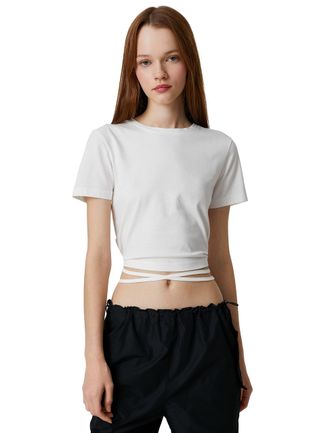 Koton Women Short Sleeve Crew Neck Tie Detail Crop T-Shirt