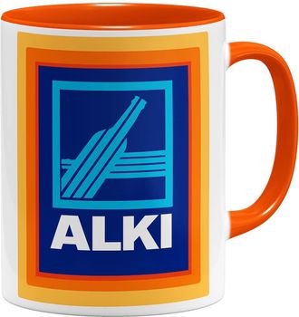 OM3 Alki Parodie Tasse f&uuml;r Alkohol Liebhaber Saufparty - Keramik Becher - 11oz 325ml - Beidseitig Bedruckt - Orange