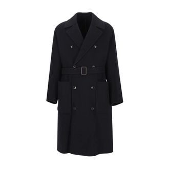 Emporio Armani Manteau crois&eacute; en laine avec ceinture - Homme - Manteaux - Bleu - Taille: M