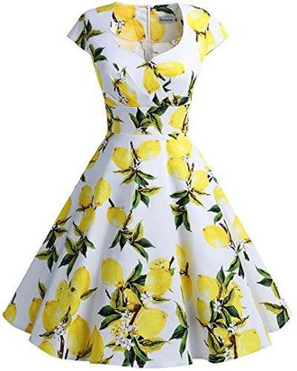 Bbonlinedress Robe Femme de Soirée Cocktail Vintage Femme Chic Courte pour Mariage Invité Gala Fête Témoin Anniversaire Col Carré Lemon S
