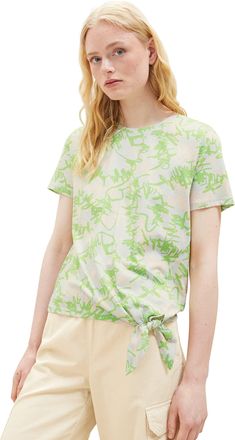 Tom Tailor Damen 1035919 Denim T-Shirt mit Muster & Knotendetail, 32432-grey Green Rose Scribble Print, XL