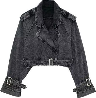 Generic Veste trench courte d&eacute;contract&eacute;e en jean &agrave; manches longues avec ceinture pour femme, Noir, XS