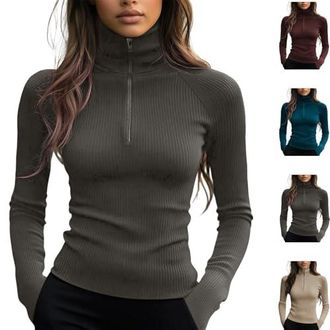 Generic Pull &agrave; col roul&eacute; c&ocirc;tel&eacute; et &eacute;lastique pour femme avec fermeture &eacute;clair 1/4, gris, XL