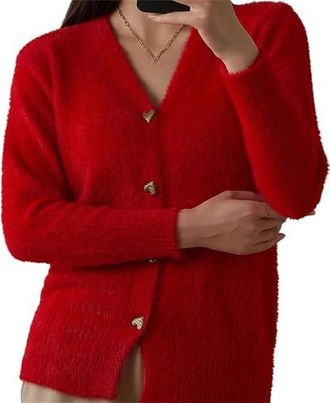 Generic Cardigan en laine pour femme avec boutons et col en V, Rouge, Taille XS
