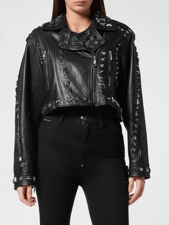 Philipp Plein Veste de motard courte en cuir avec clous et &eacute;toiles