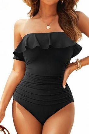 Holipick Maillot de bain une pi&egrave;ce sans bretelles pour femme - Contr&ocirc;le du ventre - Bandeau &agrave; volants - Maillot de bain amincissant, noir, Taille XL