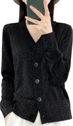 Generic Femmes 100% Laine Imitation Tricot Col V Cardigan Version Cor&eacute;enne Mode Bordure Or Top Printemps, Hei, Taille XL