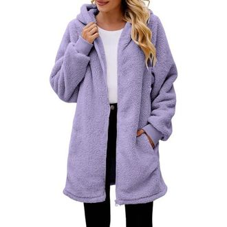Generic Veste polaire en peluche pour femme avec fermeture éclair intégrale, couleur unie, veste à capuche mi-longue pour femme, vêtement dextérieur en peluch