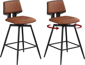 Woltu Barhocker 2er Set, Barstuhl 360&deg; drehbar, K&uuml;chenhocker mit R&uuml;ckenlehne Fu&szlig;st&uuml;tze, f&uuml;r K&uuml;che Bar Restaurant, Metallrahmen, aus Kunstleder, Braun