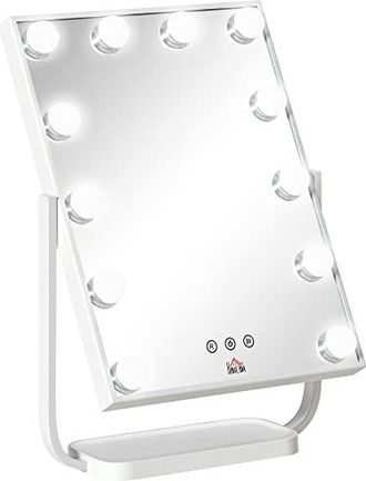 HOMCOM Miroir Maquillage Hollywood Lumineux LED Tactile - 3 Modes éclairage, inclinable, Adaptateur - métal Blanc Verre