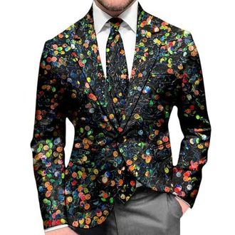 Generic Veste &agrave; paillettes pour homme - Imprim&eacute; multicolore - Costume de carnaval - Veste de costume slim fit - Avec motif cravate - Tenue de f&ecirc;te disco des a