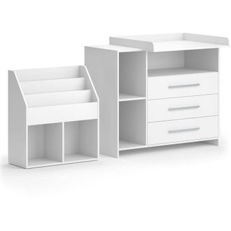 Vicco Ensemble pour chambre d Oskar, Blanc, 2 pi&egrave;ces, avec commode &agrave; langer et biblioth&egrave;que